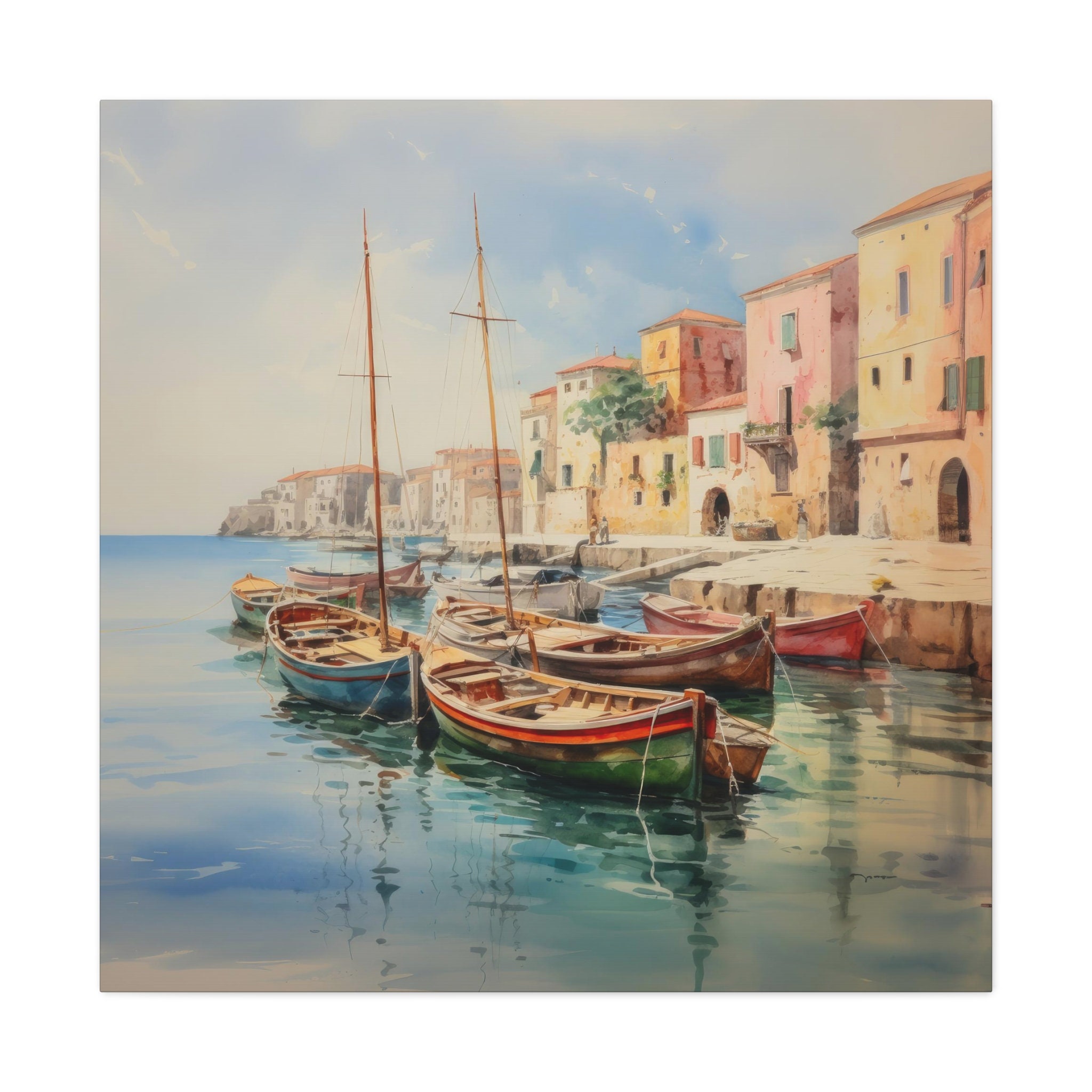 Vintage Italian Harbor Scene, Square Canvas Wall Art, Watercolor Boat ...