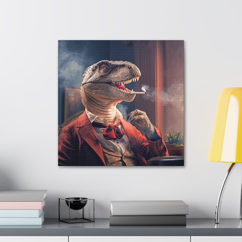 Smoking T-rex, Eccentric Dinosaur Canvas Art, Unconventional Home Decor ...