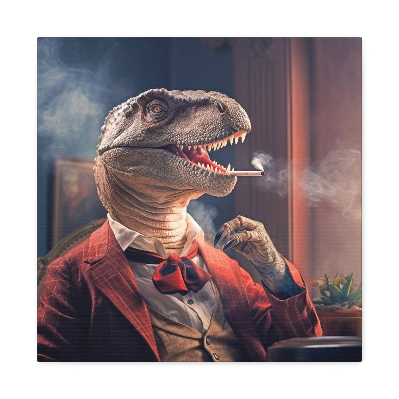 Smoking T-rex, Eccentric Dinosaur Canvas Art, Unconventional Home Decor ...