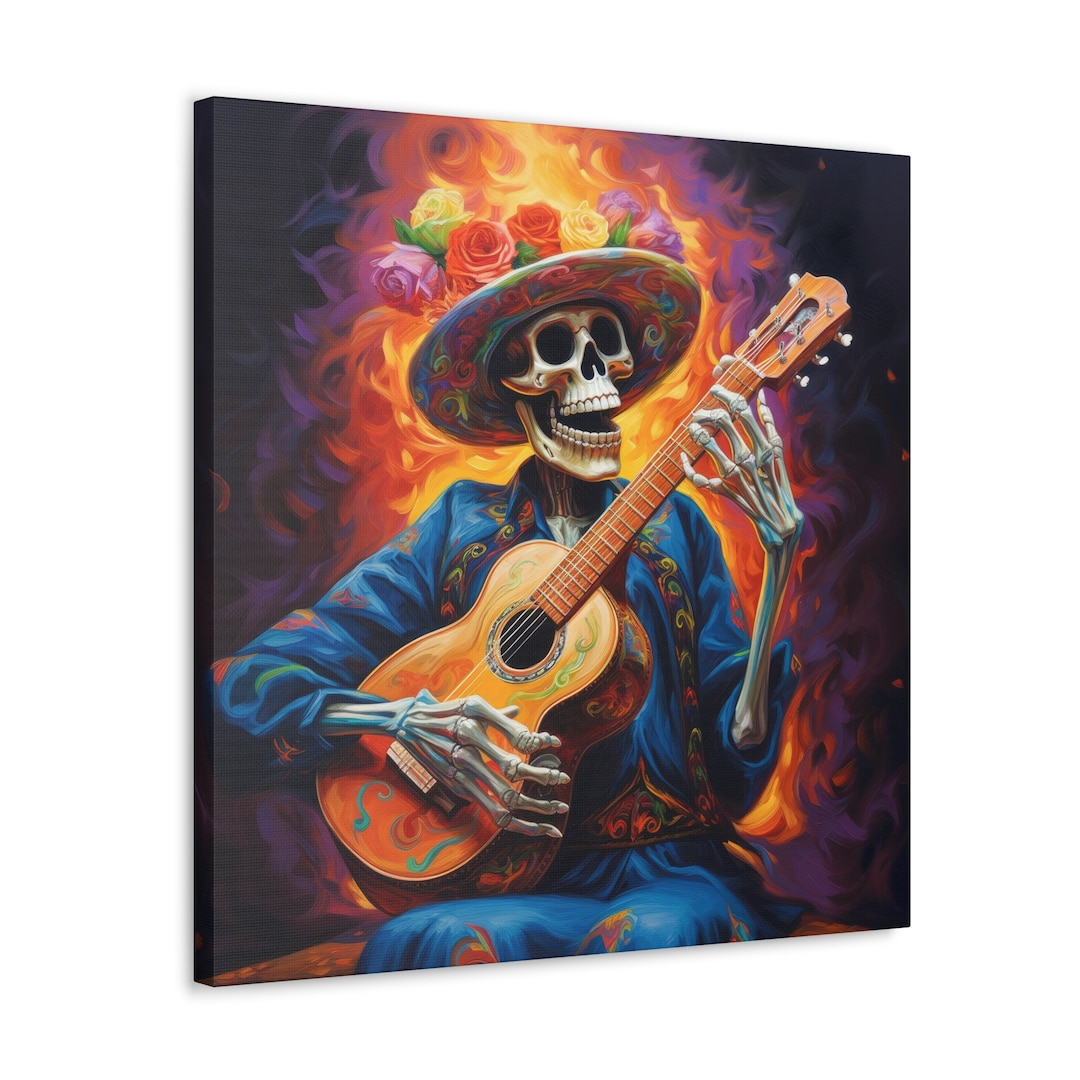 Skeleton Serenade, Mexican Folklore Art, Unique Canvas Print, Whimsical ...