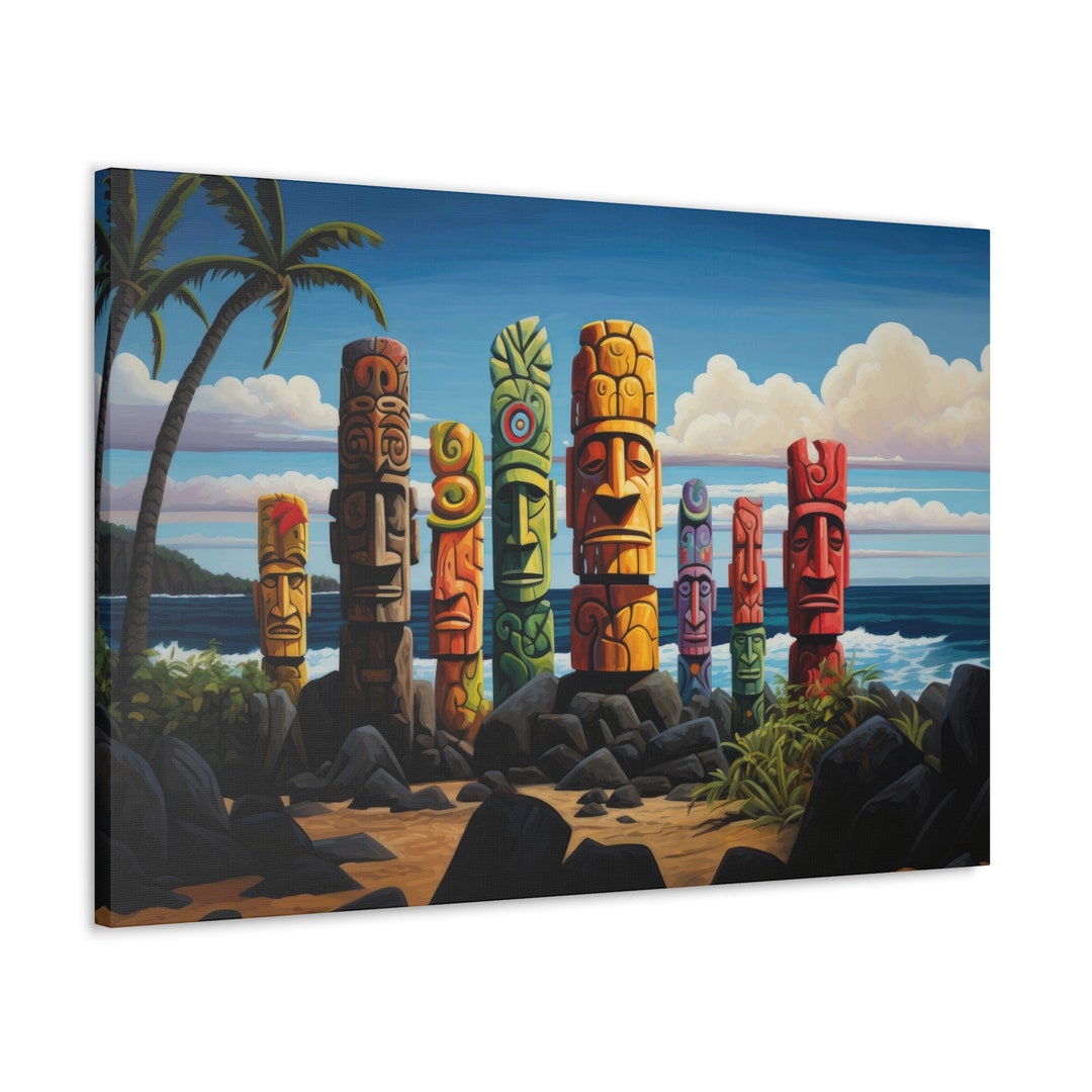 Vibrant Island Tiki Totems Beach Scene Canvas Art Print, Ready to Hang ...