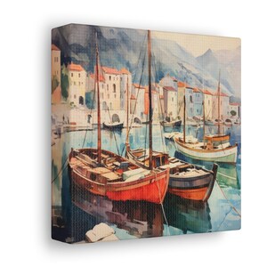 Vintage Italian Harbor Scene, Watercolor Boats Painting, Canvas Art ...