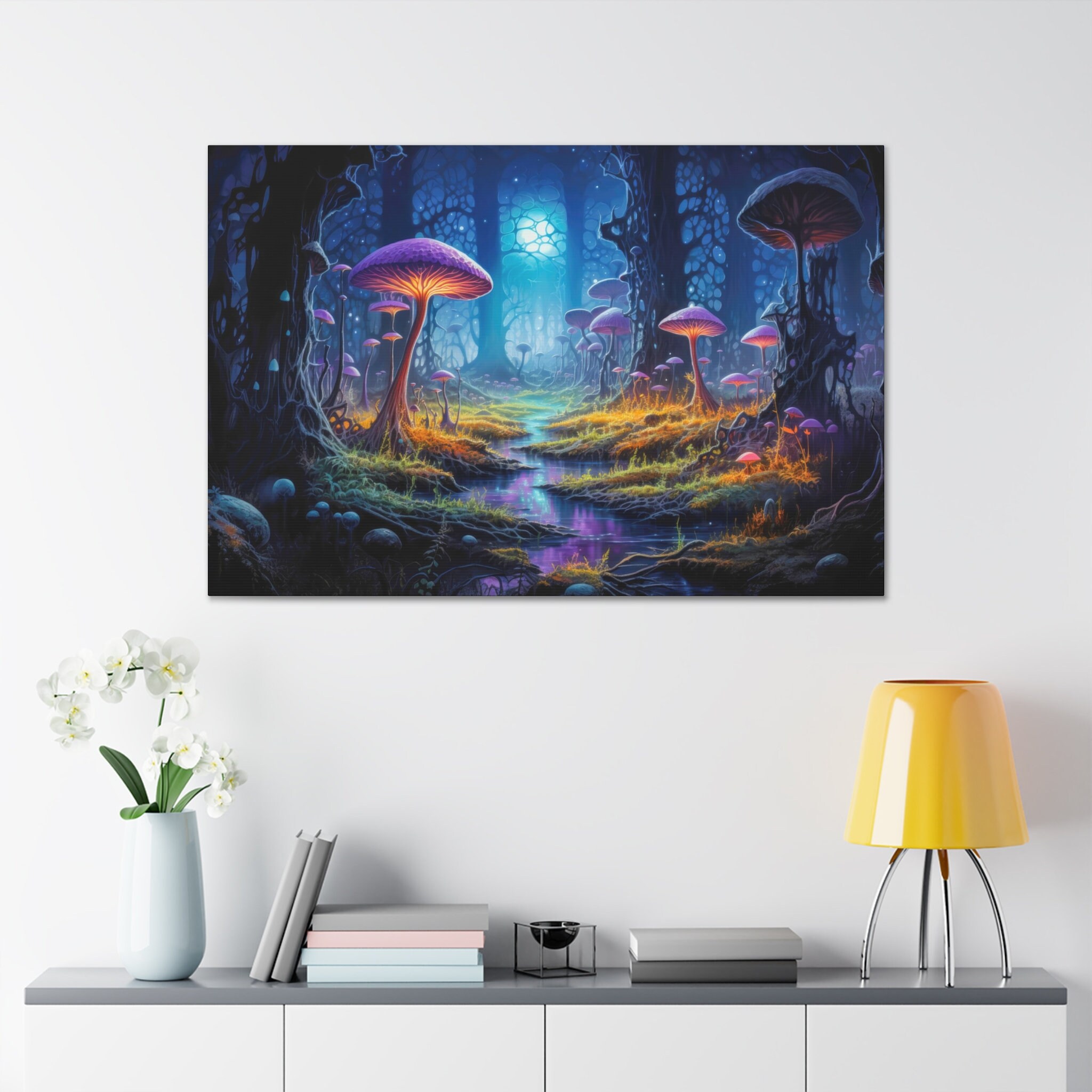 Bioluminescent Alien Forest Canvas Art, Dual-moon Sky Landscape, Unique ...