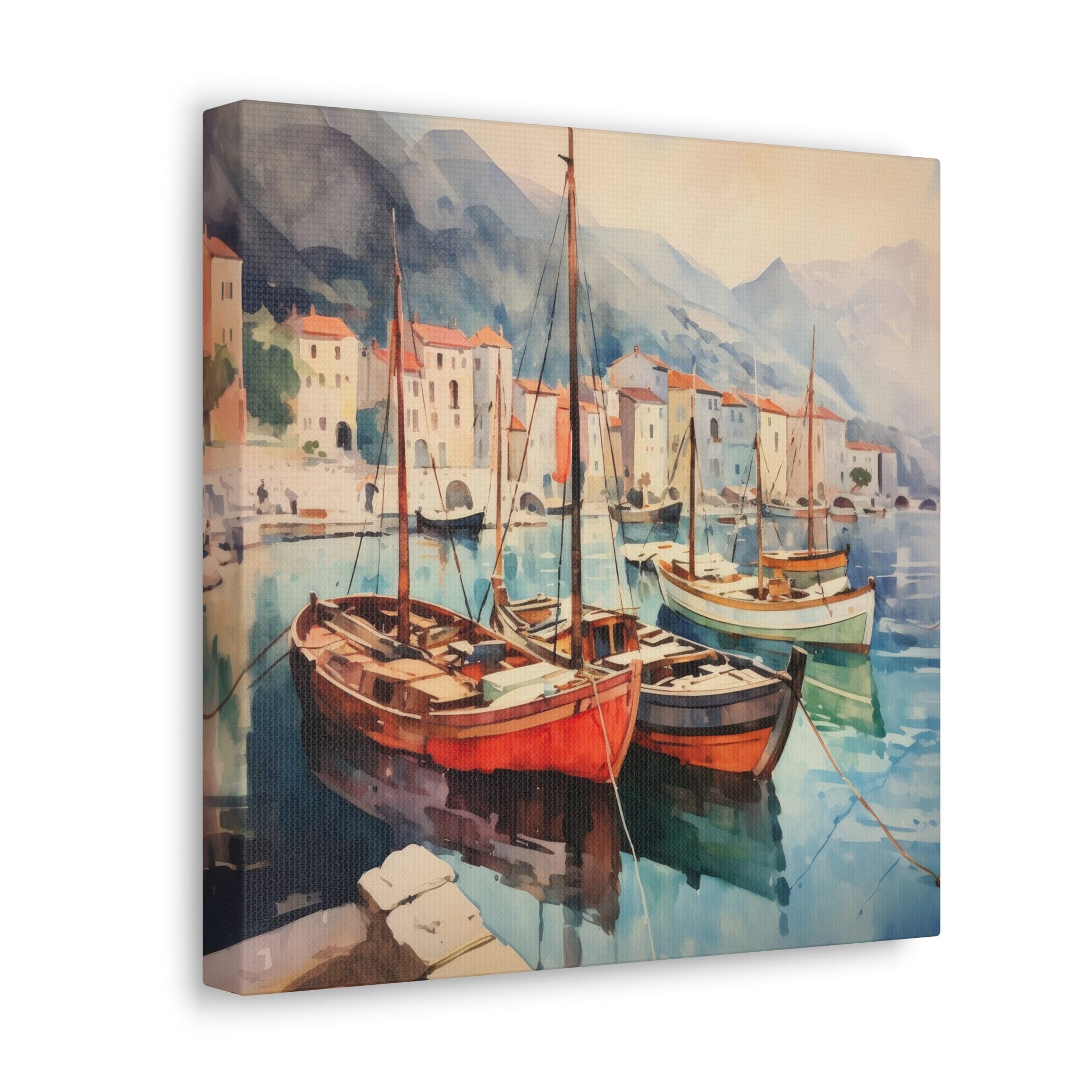 Vintage Italian Harbor Scene, Watercolor Boats Painting, Canvas Art ...