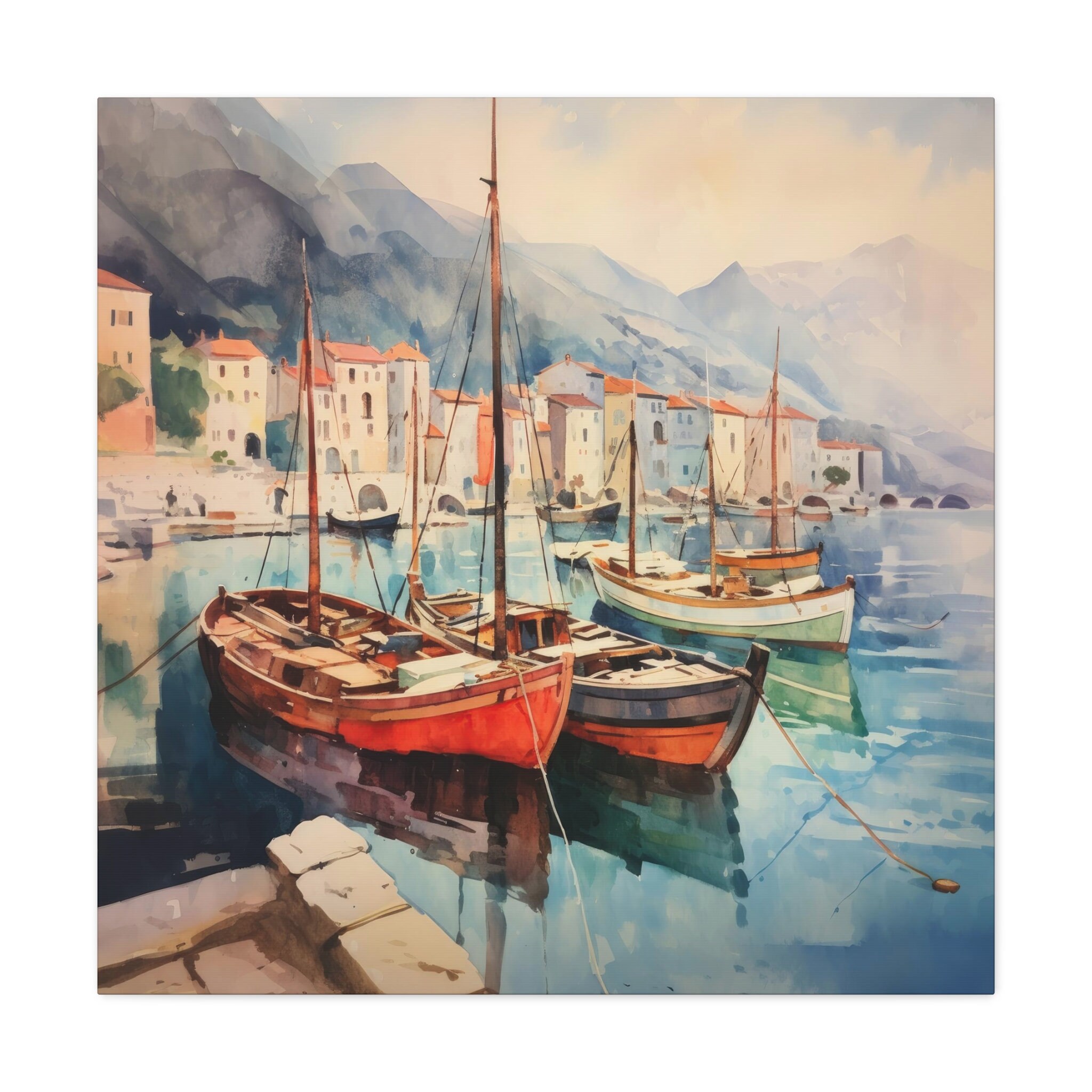 Vintage Italian Harbor Scene, Watercolor Boats Painting, Canvas Art ...