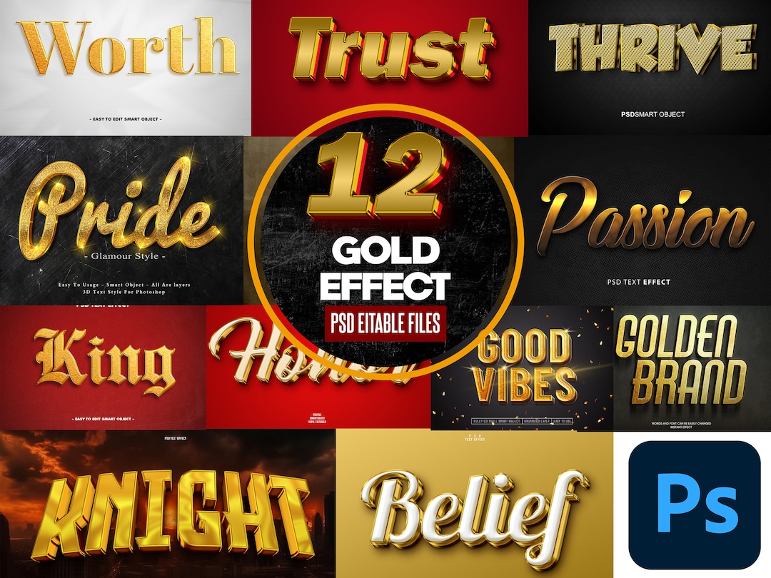 12 PSD 3D Gold Text Effects Bundle | for Adobe Photoshop | Premium Gold ...