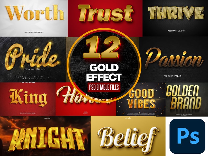 12 PSD 3D Gold Text Effects Bundle | for Adobe Photoshop | Premium Gold ...