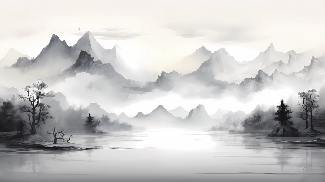 Chinese Ink Style Mountains and River - Scenic Wall Decor - Instant ...