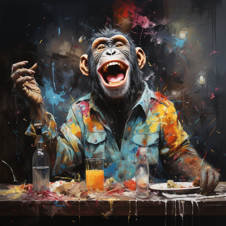 Laughing Monkey at Dinner Table, Graffiti. Digital Art Print. - Etsy