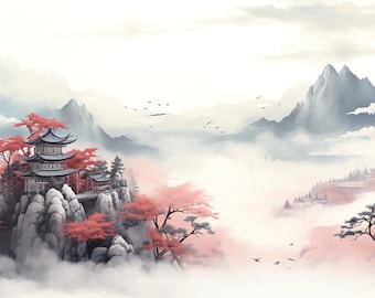 PRINTABLE Chinese Ink Painting | Mountains and River Landscape Wall Art ...