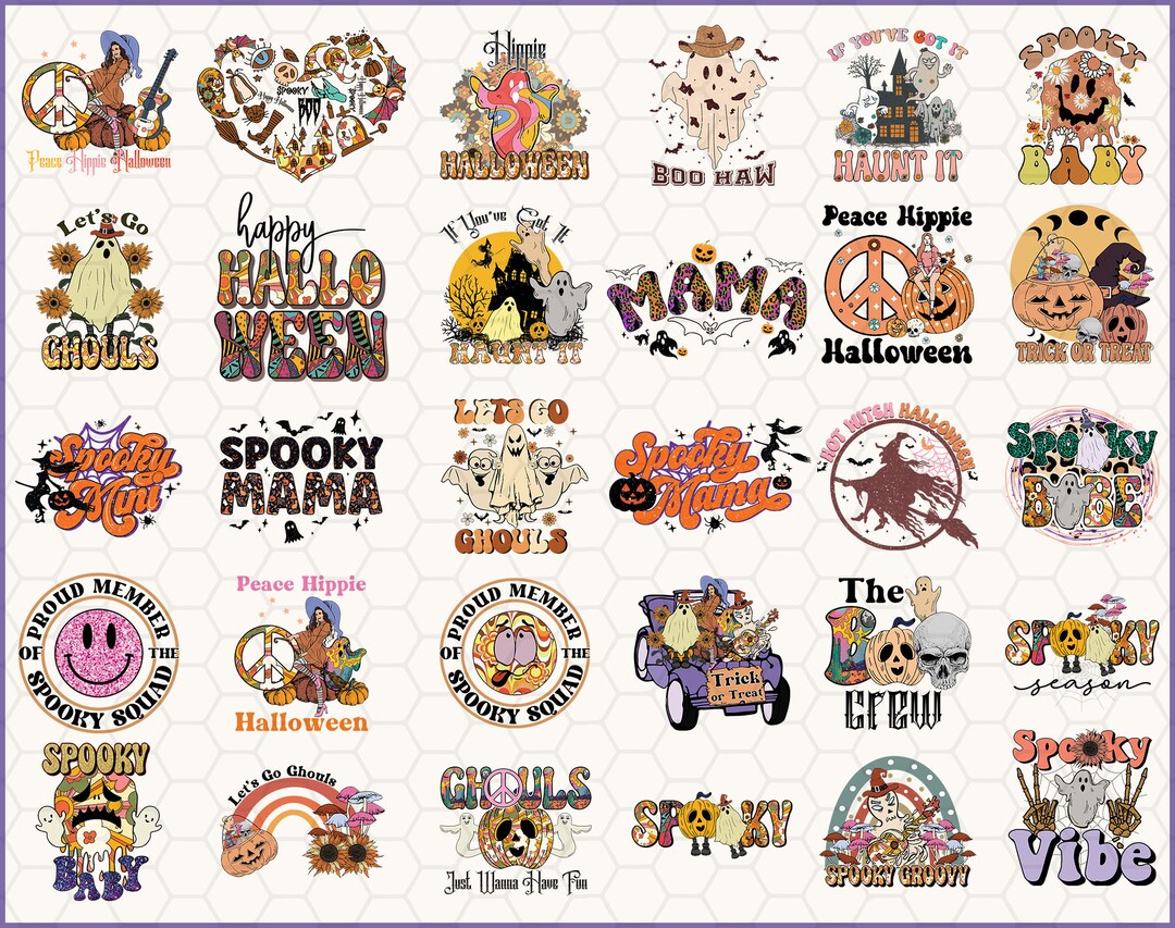 Retro Halloween Bundle, Halloween Sublimation Designs, Hippie Halloween ...
