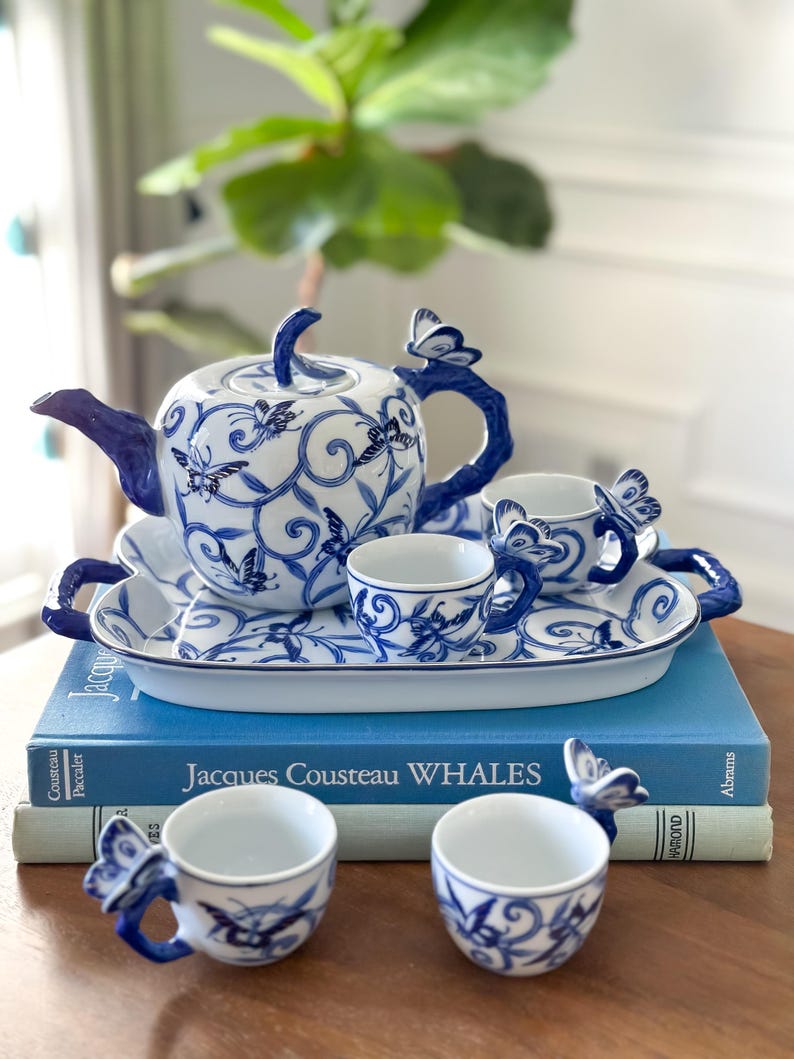 Vintage Bombay Co Blue and White Butterfly Tea Set - Etsy