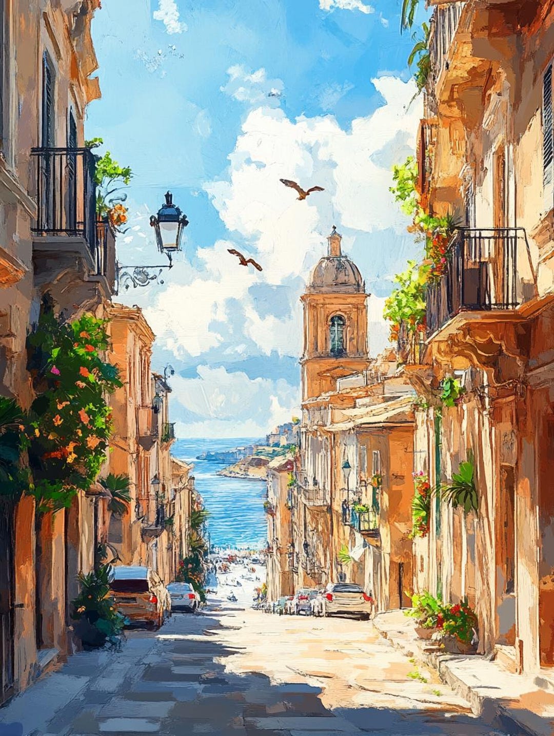 Coastal Mediterranean Village Street View Watercolor Digital Download ...