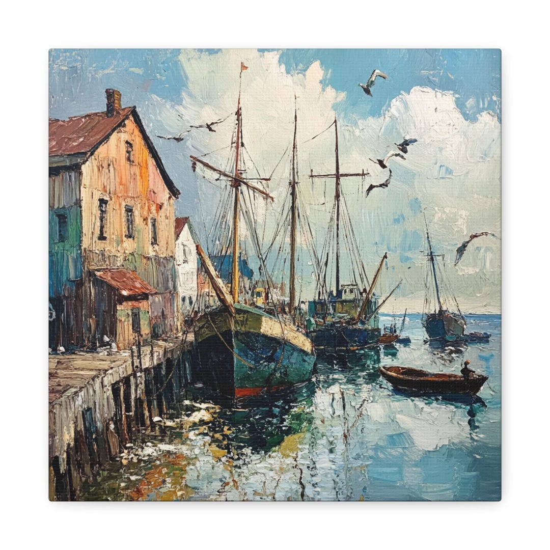 Shipyard Port Rustic Oil Painting Canvas Print, Nautical Wall Art ...