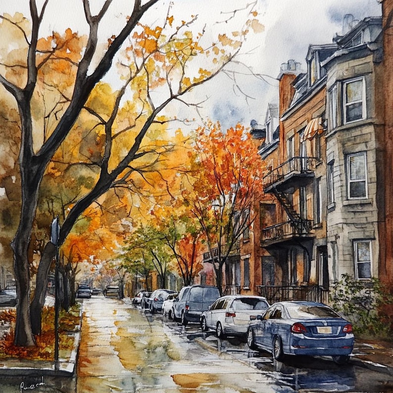 Montreal Autumn City Scene Watercolor Digital Print | Fall Cityscape ...