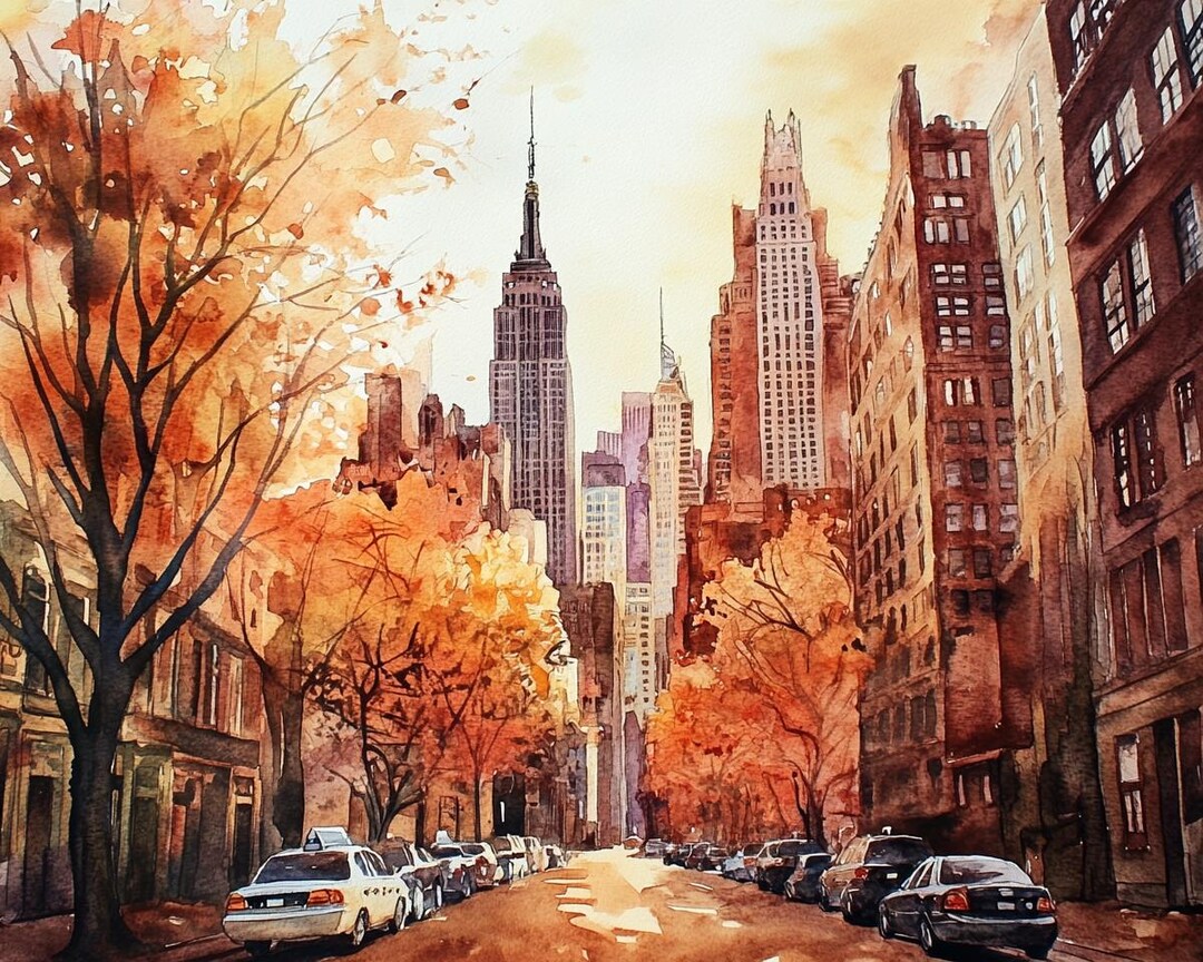 NYC in the Fall Watercolor Digital Print | New York City Wall Art ...