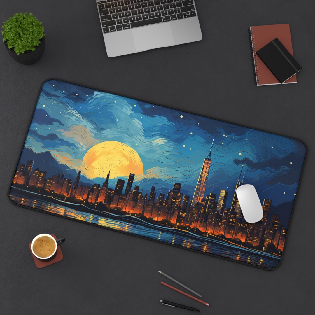 Van Gogh Style City Skyline Desk Mat - Artistic Office Decor, Mouse Pad ...