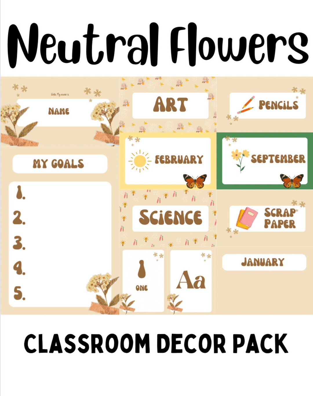Neutral Flower Classroom Decor Pack - Etsy