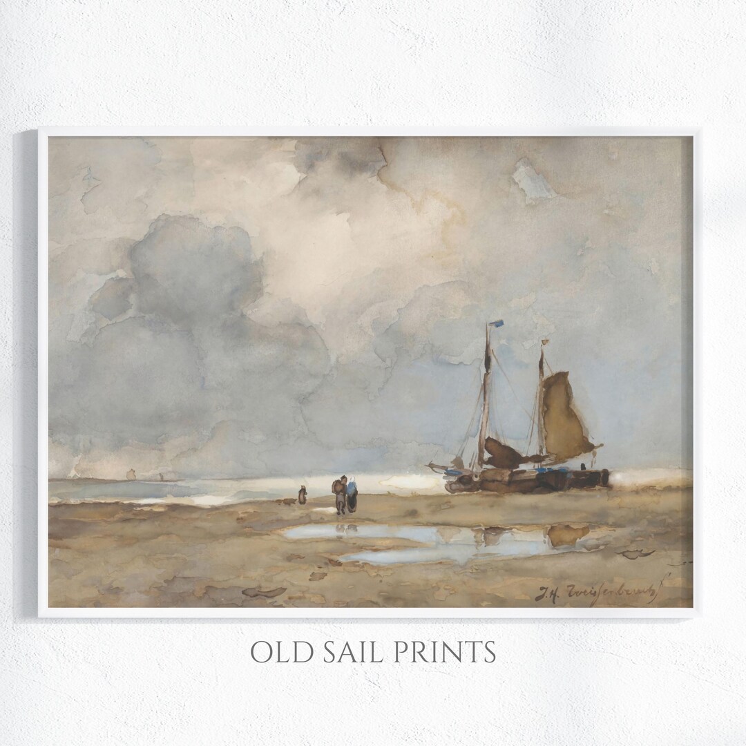Coastal Art Print – Soft Seaside Scene With Sailboat and Figures ...