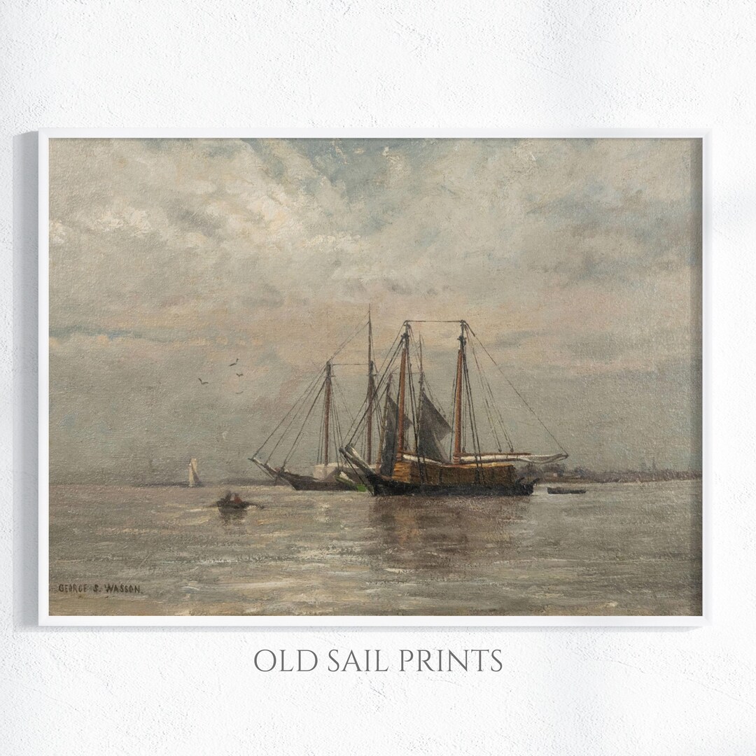 Vintage Harbor Scene Art Print – Anchored Sailboats in a Tranquil ...