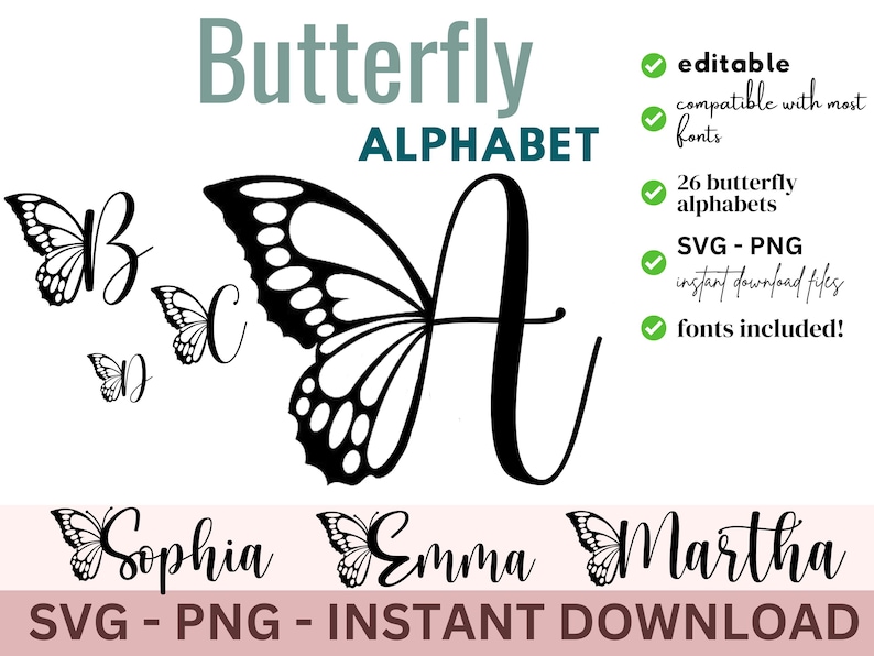Butterfly Alphabet, Butterfly Monogram SVG PNG, Butterfly Bundle ...