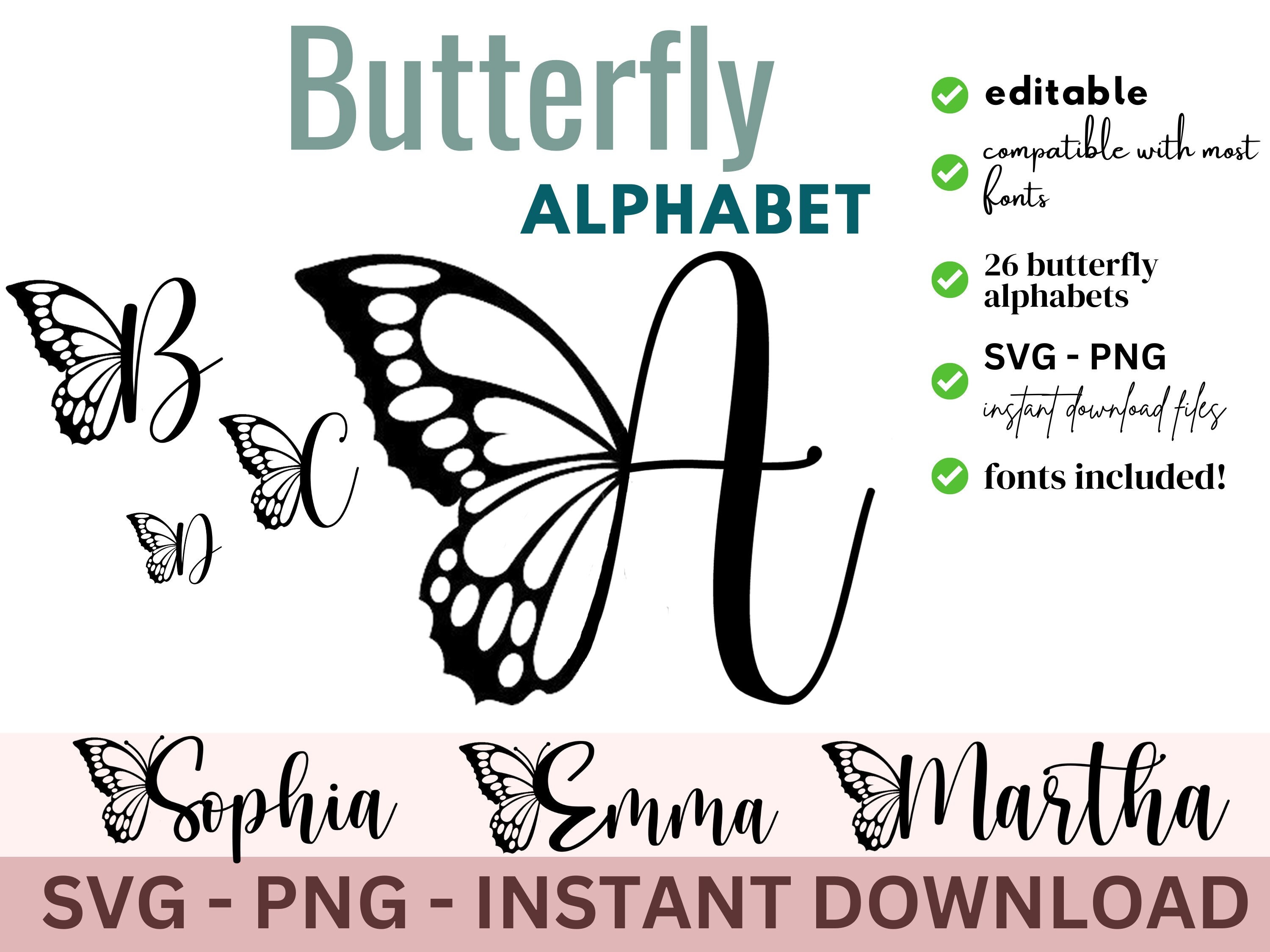 Butterfly Alphabet, Butterfly Monogram SVG PNG, Butterfly Bundle ...