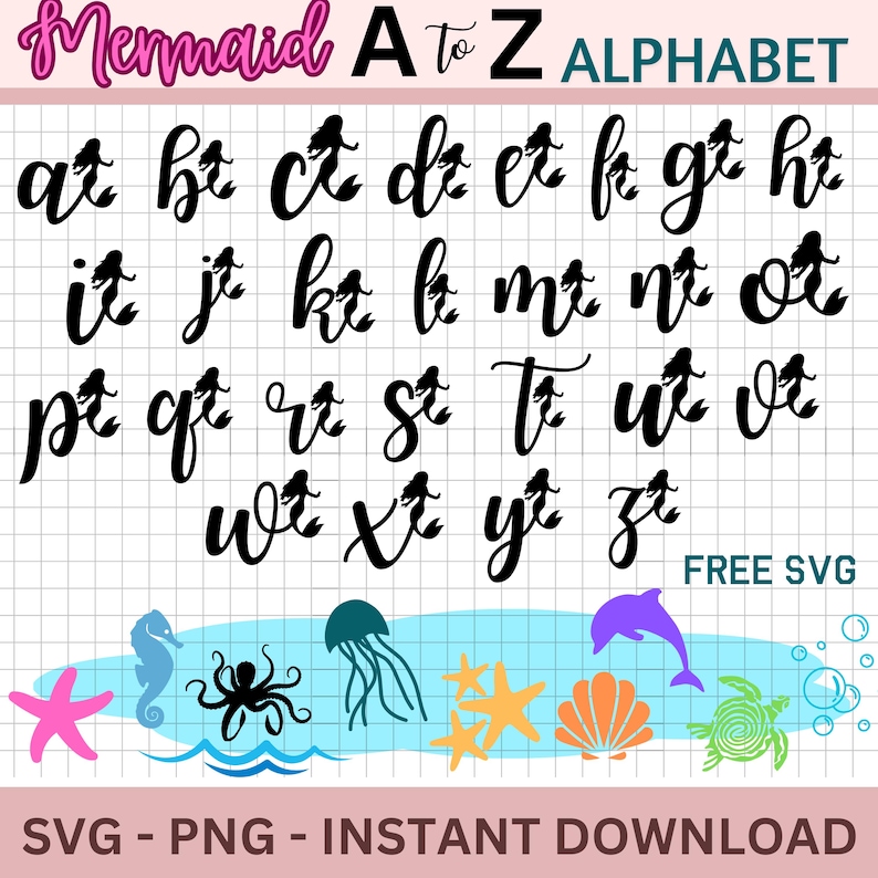 Mermaid Alphabet Monogram SVG PNG, Mermaid Bundle Alphabet Monogram for ...