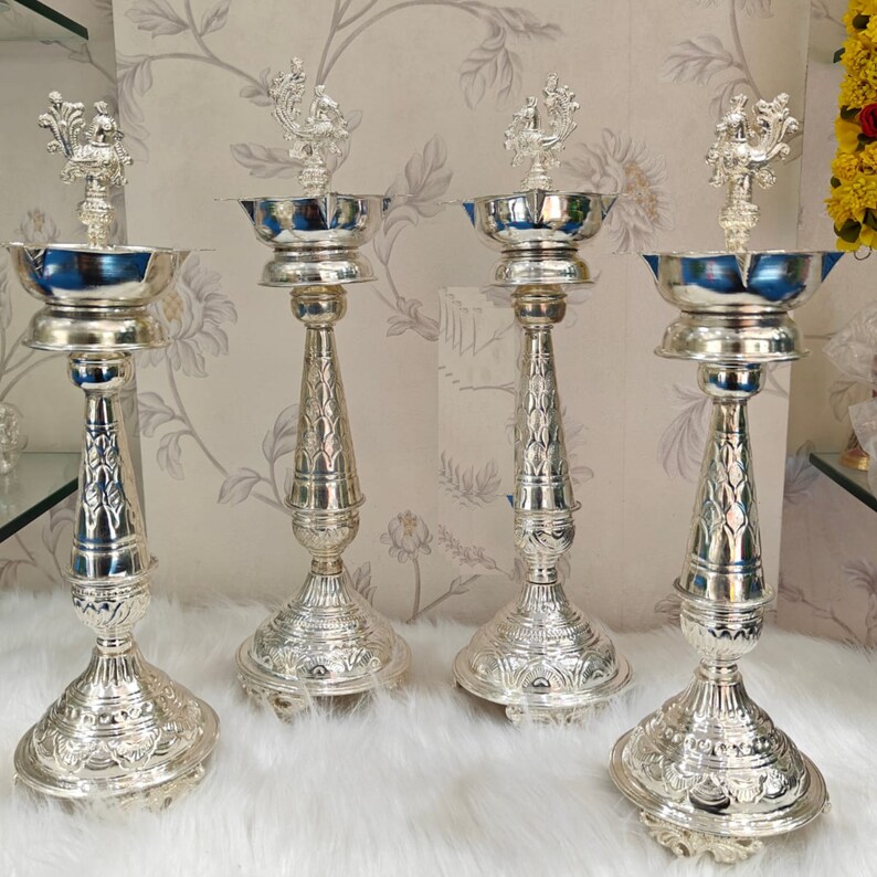 German Silver Big Deepam Diya Set for Mandir Temple and Return Gift for ...