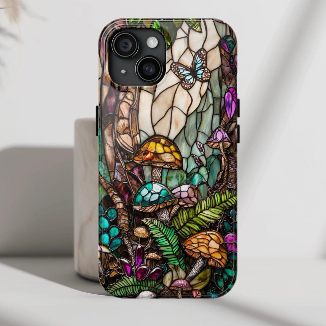 Mushroom Forest Faux Stained Glass Phone Case, Nature Inspired Phone ...