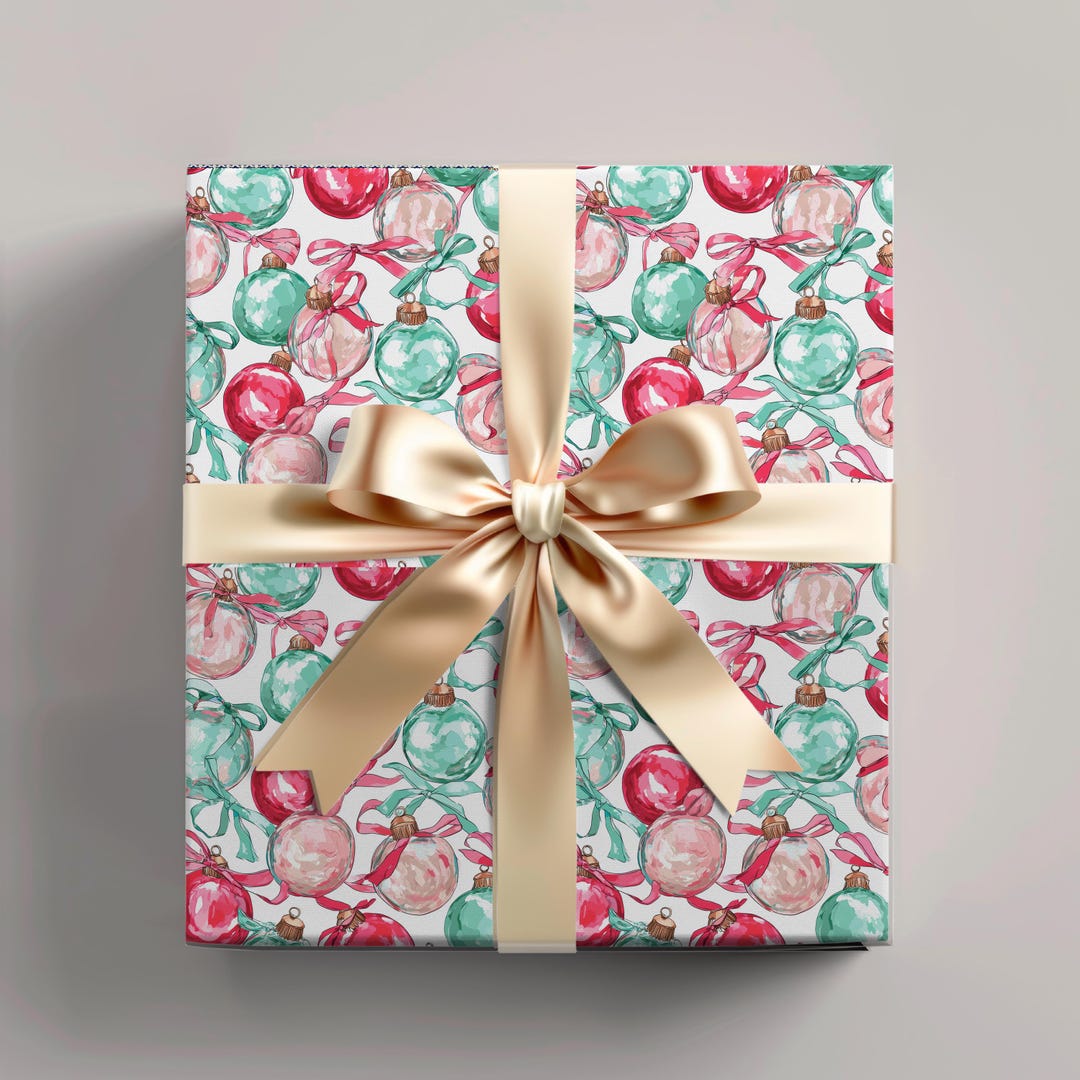 Pastel Christmas Ornament Wrapping Paper, Festive Holiday Gift Wrap ...