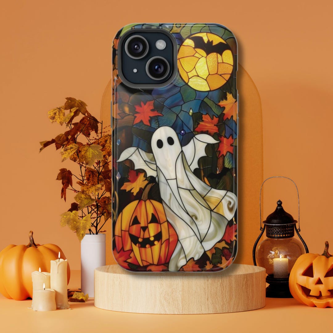 Ghost Pumpkin and Bat Halloween Phone Case | Faux Stained Glass Autumn ...