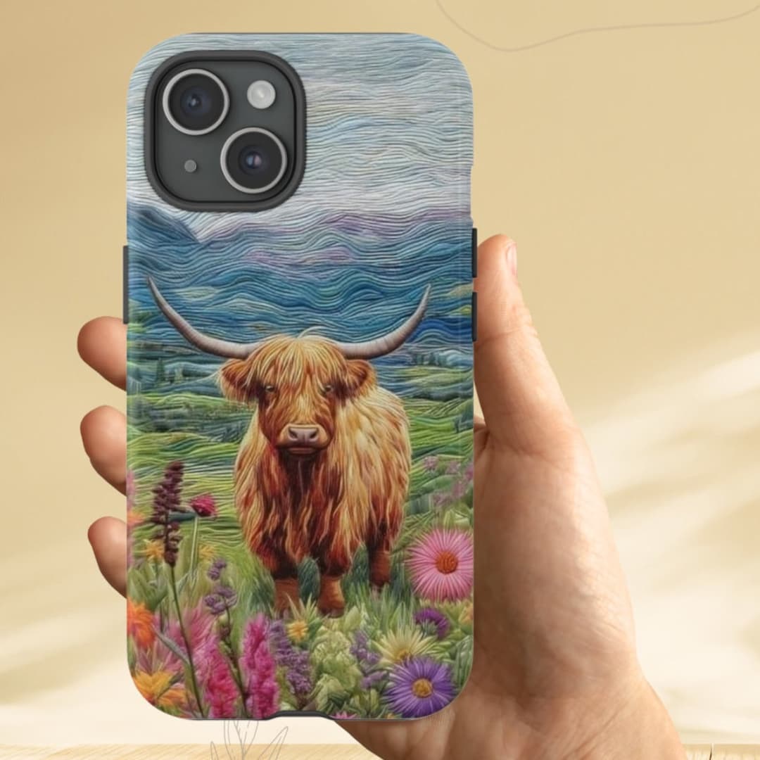 Highland Cow Embroidery Phone Case, Cow Embroidered Phone Cover, iPhone ...