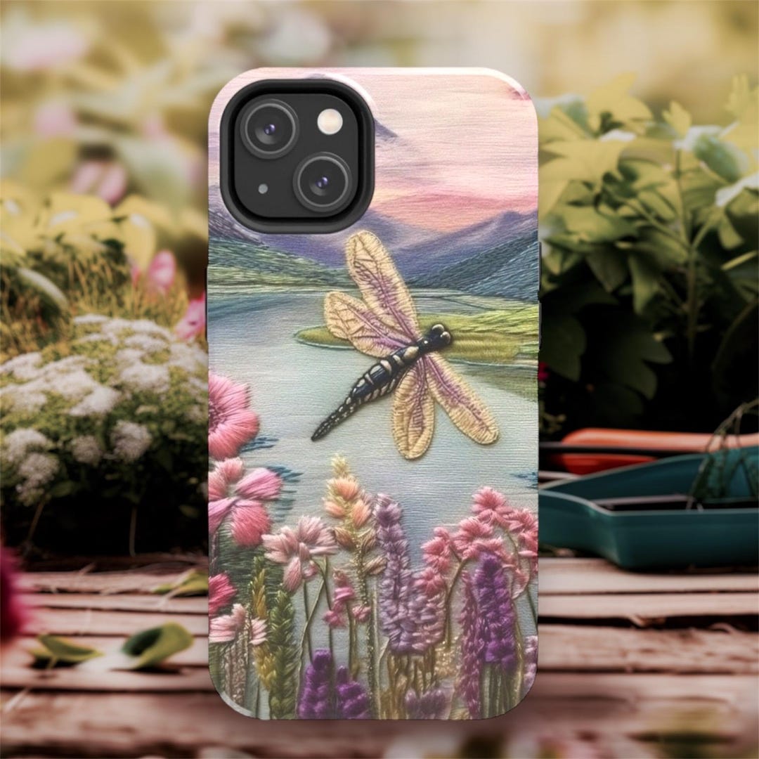 Dragonfly Phone Case, Embroidery Phone Cover iPhone 15 13 14 Samsung ...