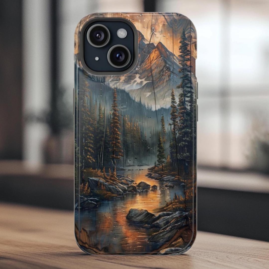 Mountains and Forest Faux Painted Wood Phone Case| Wooden Effect Phone ...