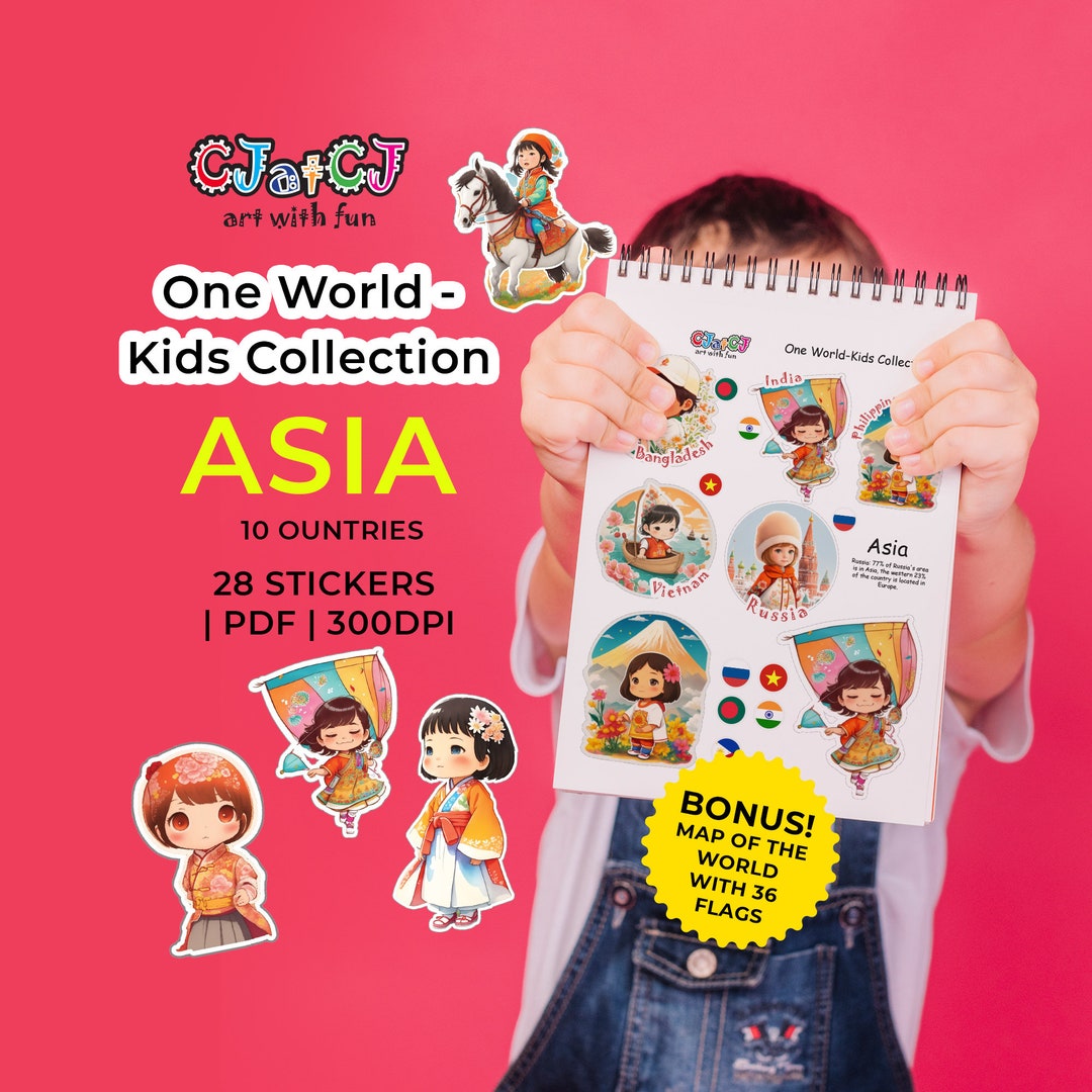 28 Stickers of Adorable Kids From Asia With Flags, Traditional Outfits ...