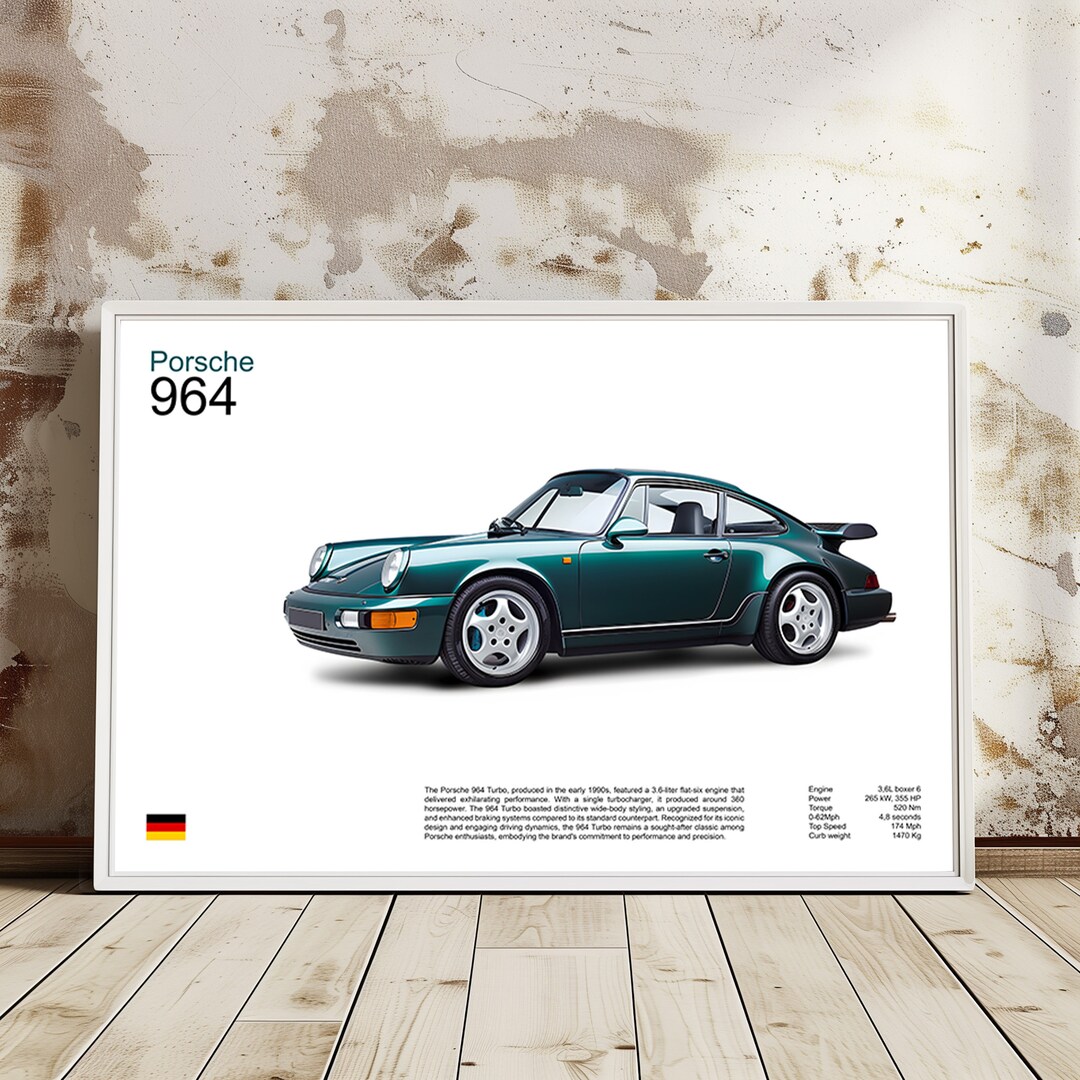 Porsche 964 Turbo Poster, German Vintage Supercar Wall Art, Automotive ...