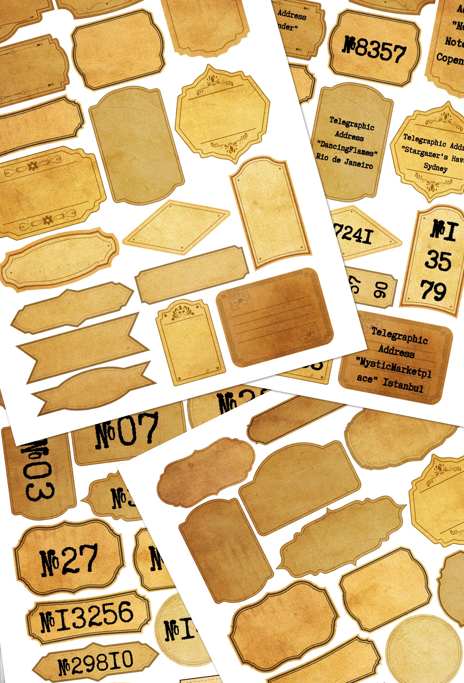 8 Page Labels Set: Text Numbers & Blank Embellishments, Digital ...