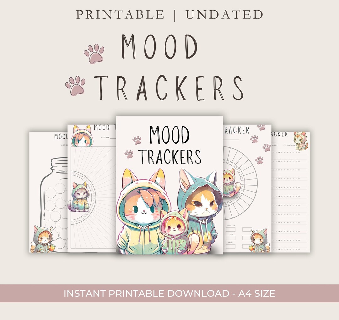 Mood Tracker Cats in Hoodies Period, Sleep, Anxiety Trackers Yearly ...