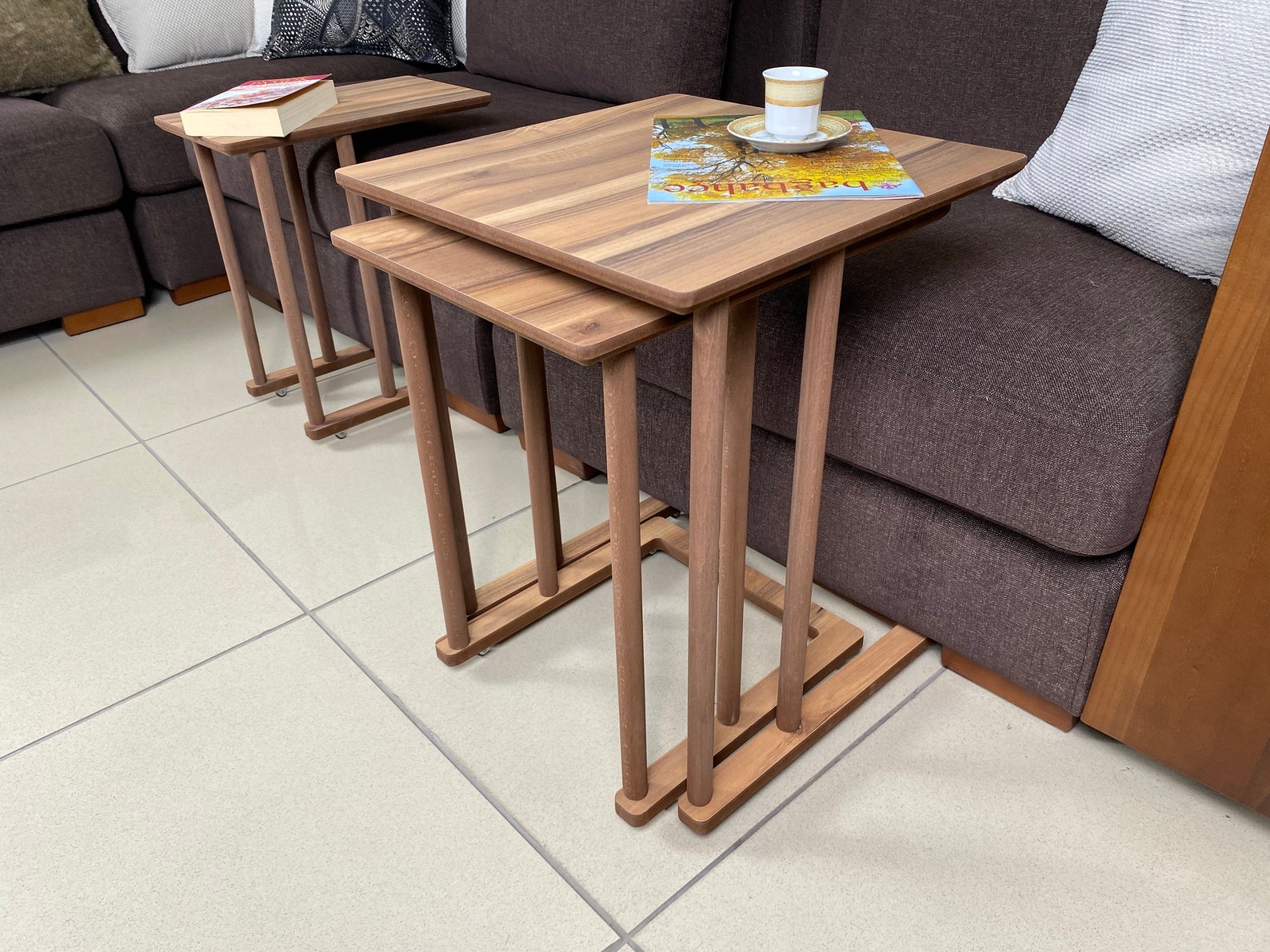 C Shaped Side Table Set With Rollers Walnut Nesting Tables - Etsy