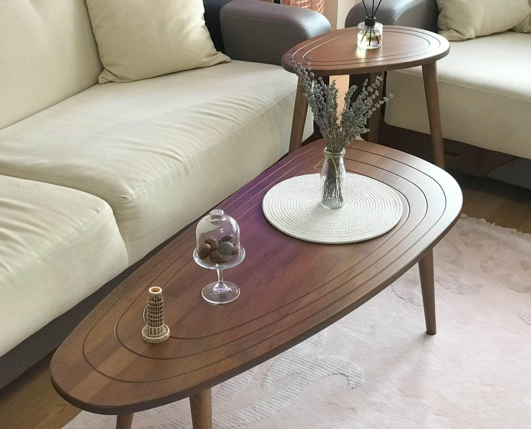 Handmade Solid Wood Oval Coffee Table Set: Mid-century Modern Style - Etsy