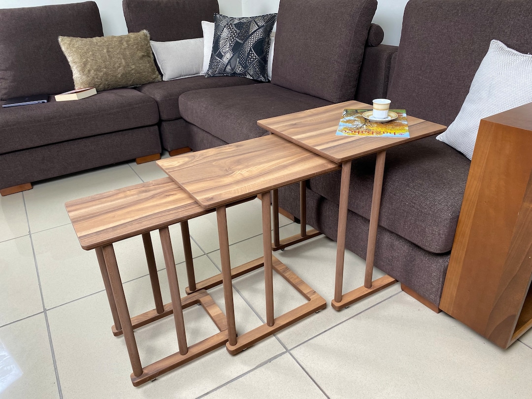 C Shaped Side Table Set With Rollers, Walnut Nesting Tables Set of 3 or ...