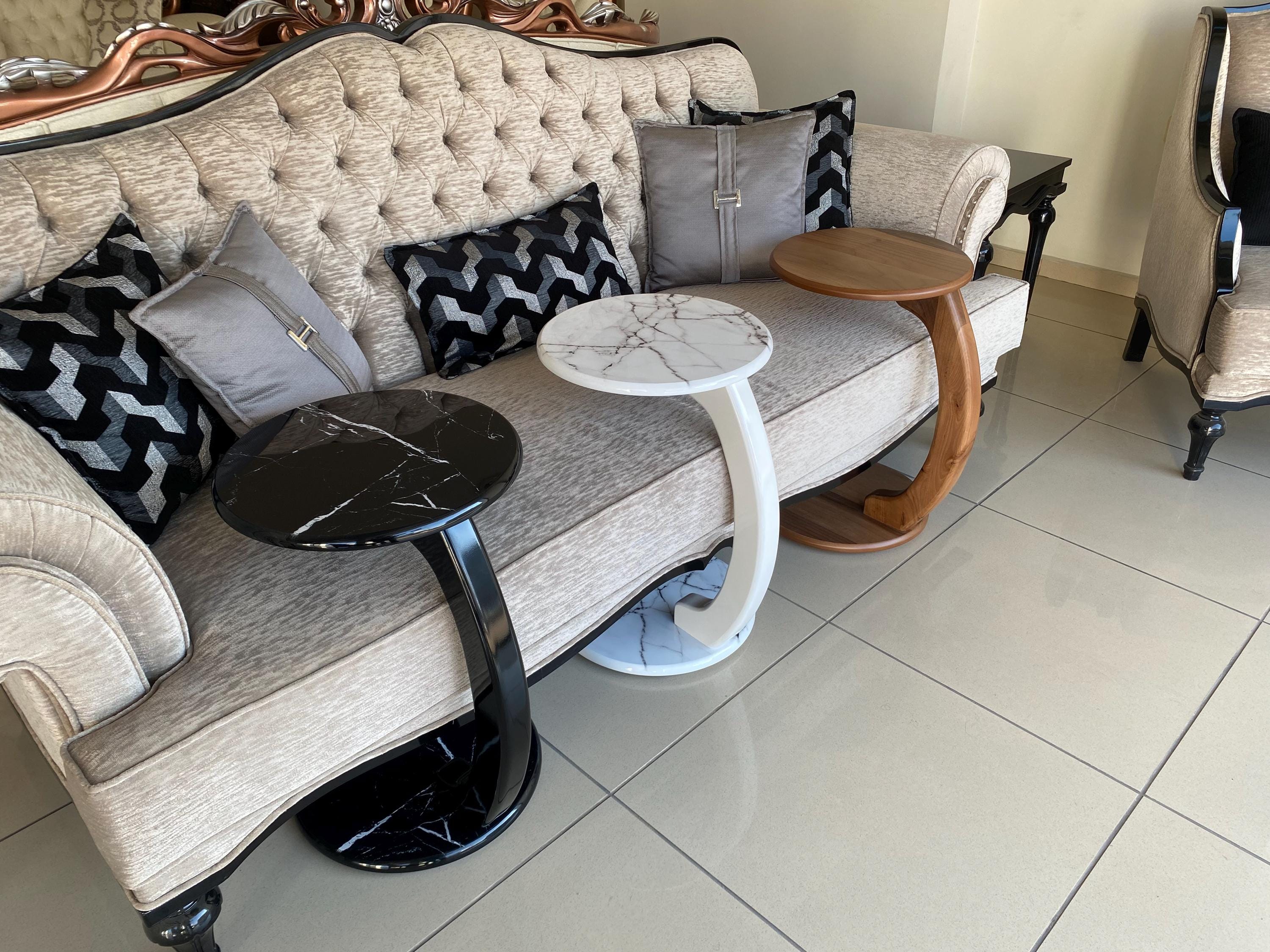 Round C-shape Side Table: Walnut Sofa Table With Rollers - Etsy