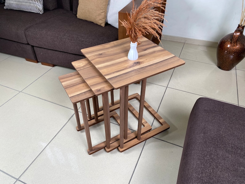 C Shaped Side Table Set With Rollers Walnut Nesting Tables - Etsy