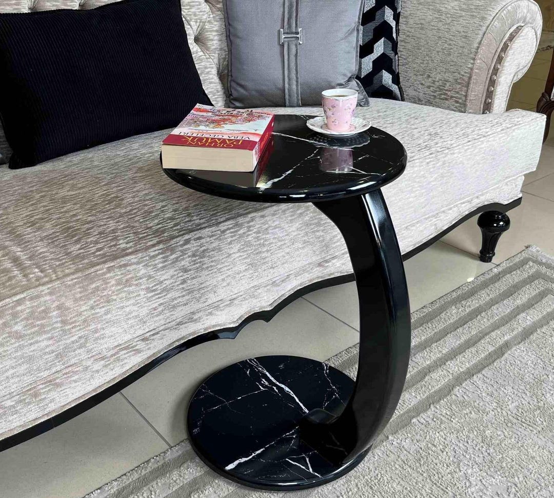 Round C-shape Side Table: Walnut Sofa Table With Rollers - Etsy