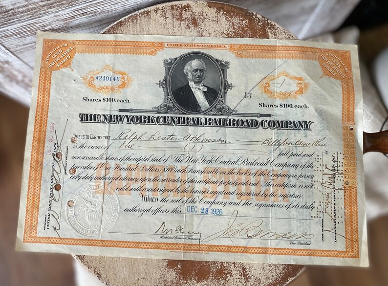 Vintage the New York Central Railroad Company Stock Certificate, 1926 ...