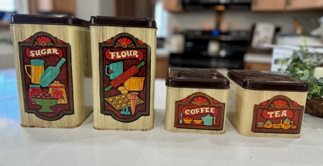 Vintage Kitchen Canister Set of FOUR, Sugar Flour Tea Coffee Set, Brown ...