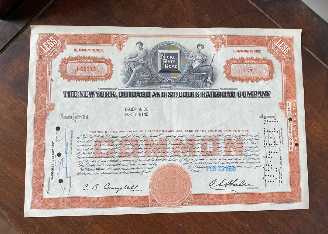Vintage 1960 Railroad Stock Certificate: New York, Chicago & St. Louis ...