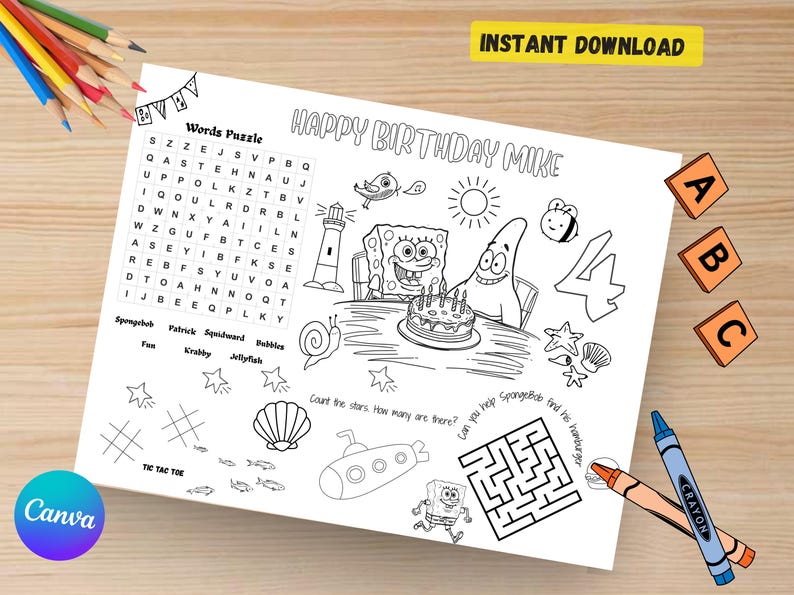 Spongebob Birthday Coloring Page | Personalized Kids Placemat ...