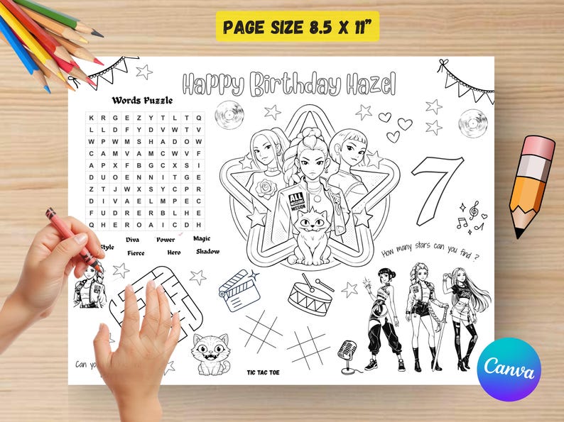 K-pop Demon Hunters Birthday Coloring Page | Personalized Kids Placemat ...