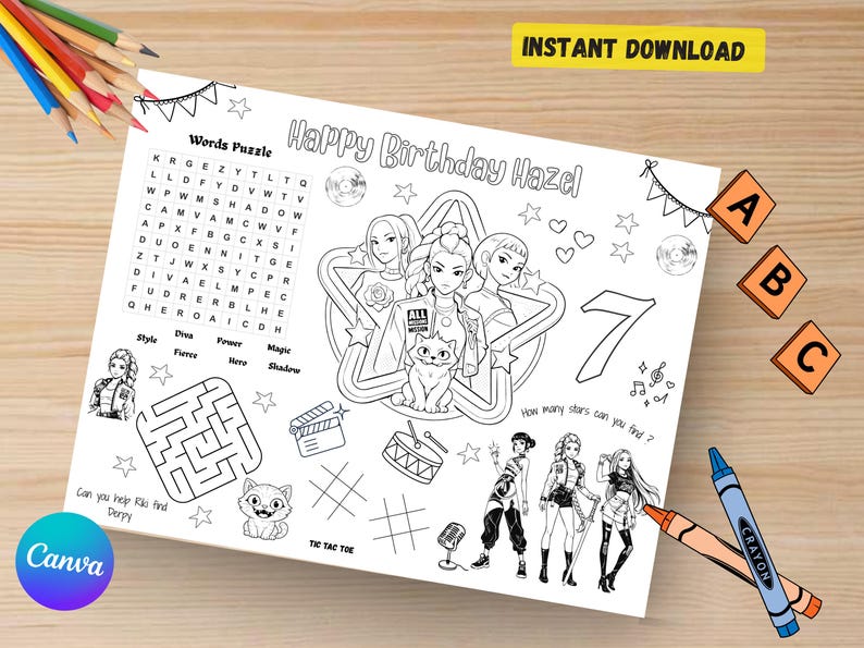 K-pop Demon Hunters Birthday Coloring Page | Personalized Kids Placemat ...